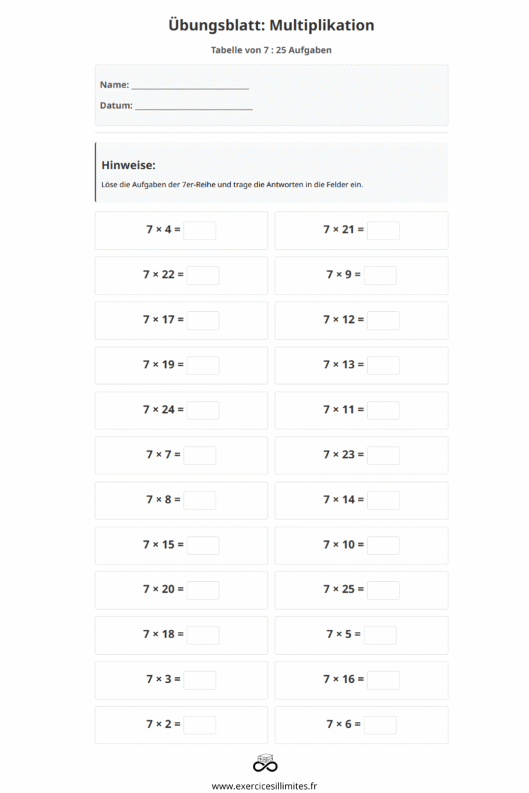 7er Reihe – Einmaleins lernen mit Übungen und Arbeitsblättern