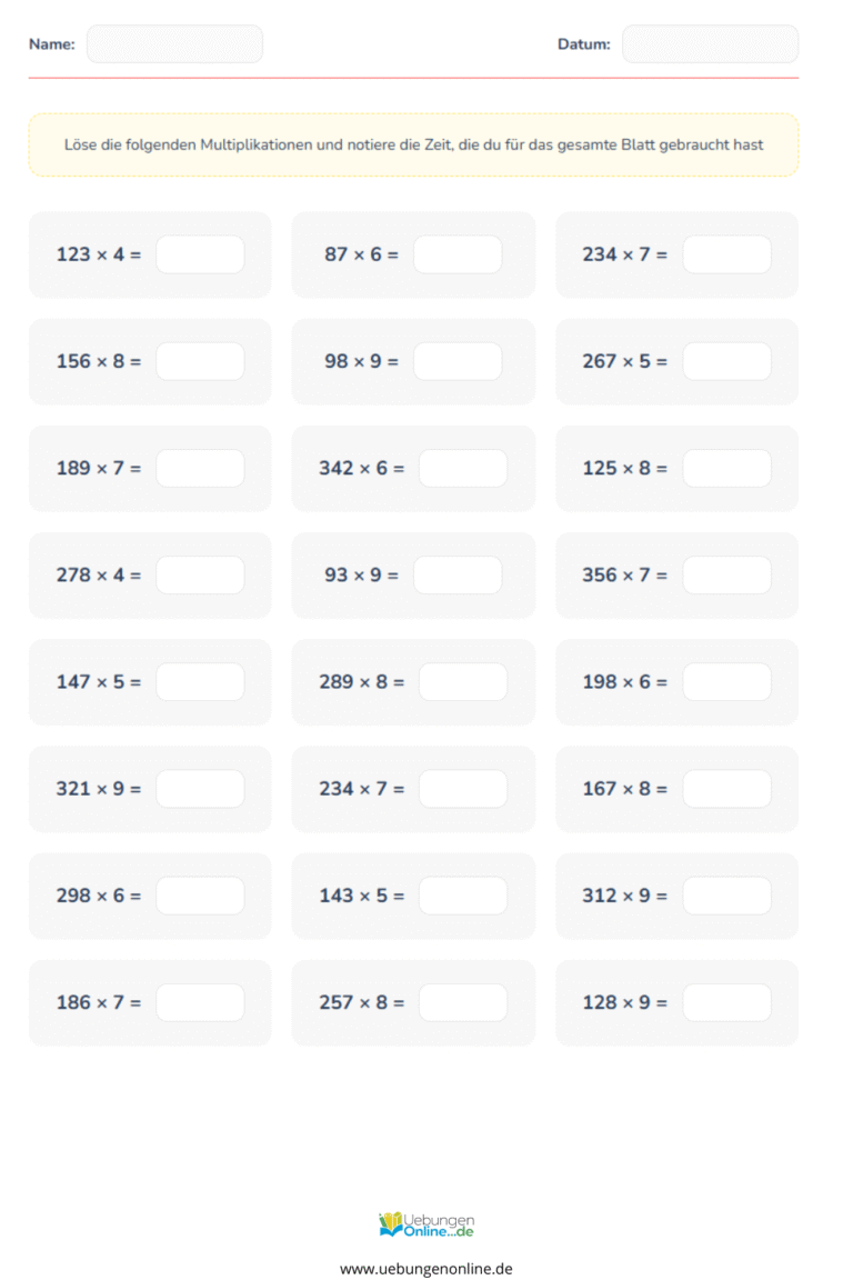 Multiplikation Klasse 4 – Übungen & Arbeitsblätter