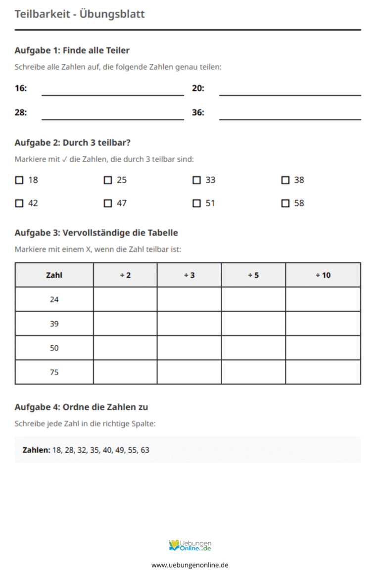 Teilbarkeitsregeln – Übungen & Arbeitsblätter